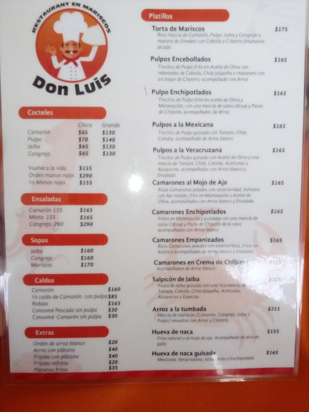 Menu at Don Luis restaurant, Veracruz, C. Ignacio de la Llave 1000