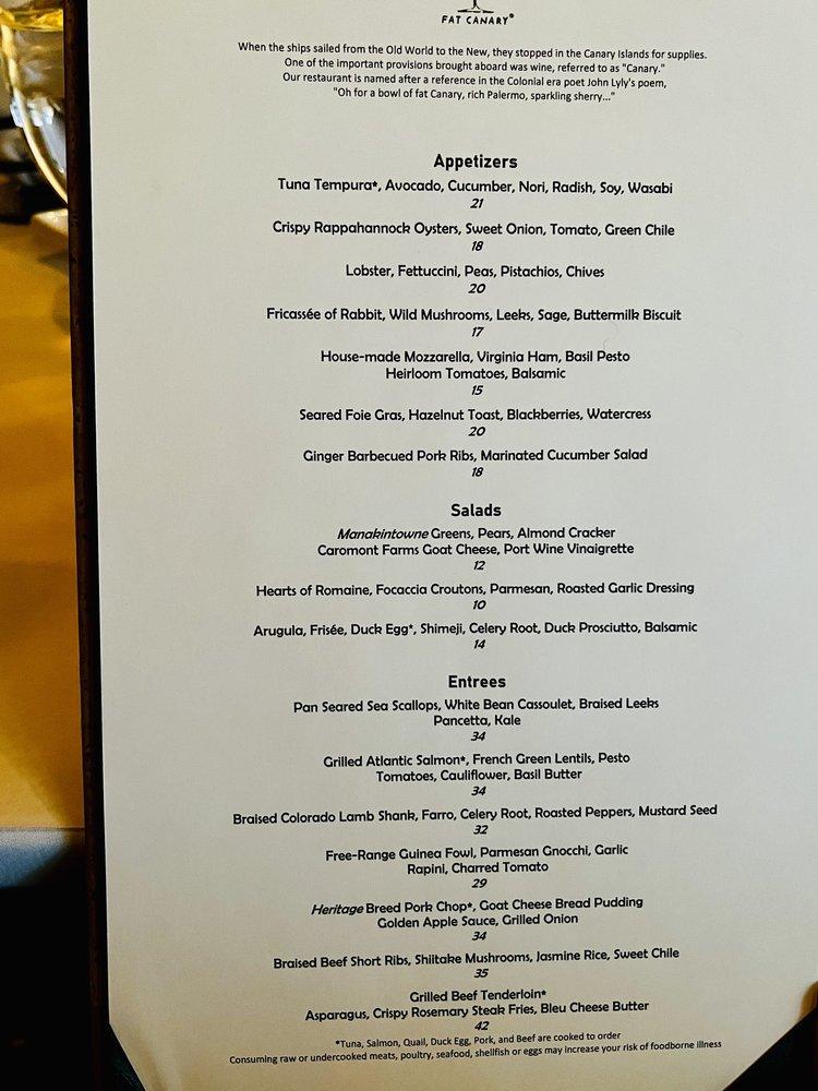 Menu at Fat Canary pub & bar, Williamsburg