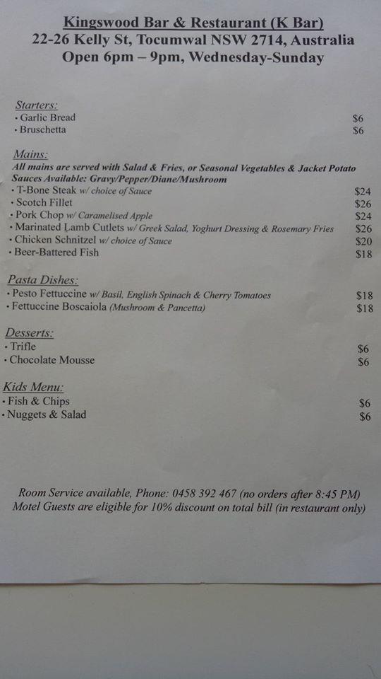 Menu at Kingswood Bar & Restaurant, Tocumwal