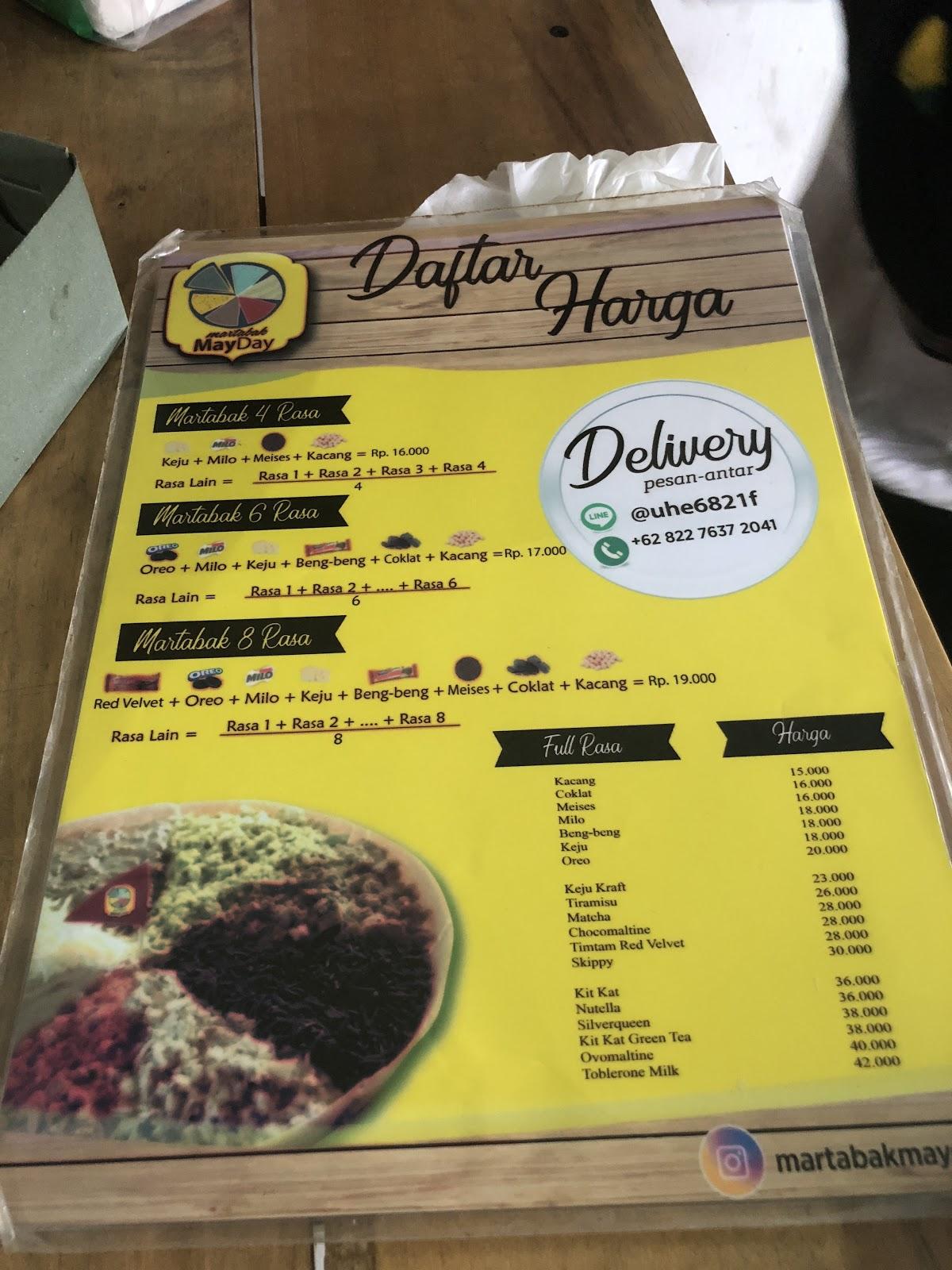Menu at Martabak Mayday restaurant, Banda Aceh