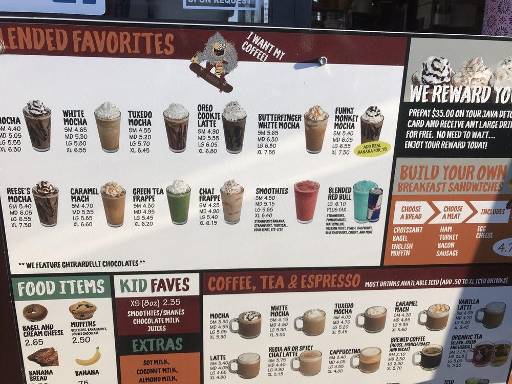 Menu at Java Detour, Marysville, 515 3rd St