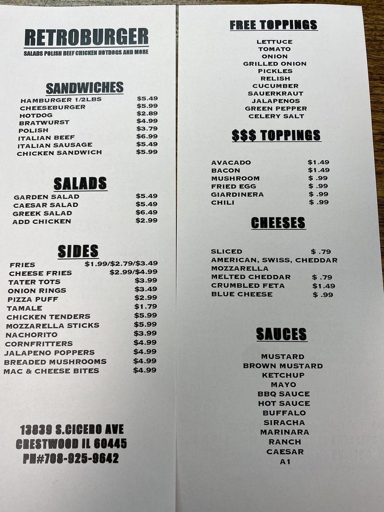 Menu at Retro Burger restaurant, Crestwood, S Cicero Ave