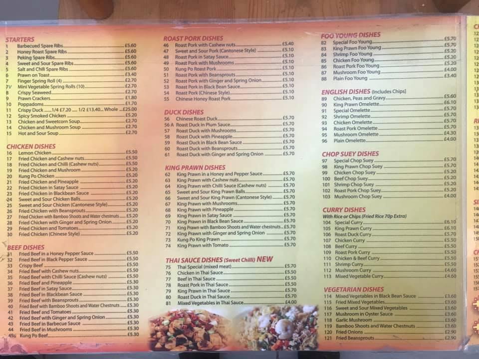 Menu at The Golden Phoenix fast food, Swansea