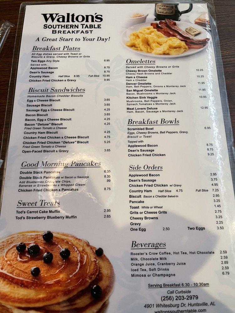 Menu at Walton's Southern Table restaurant, Huntsville