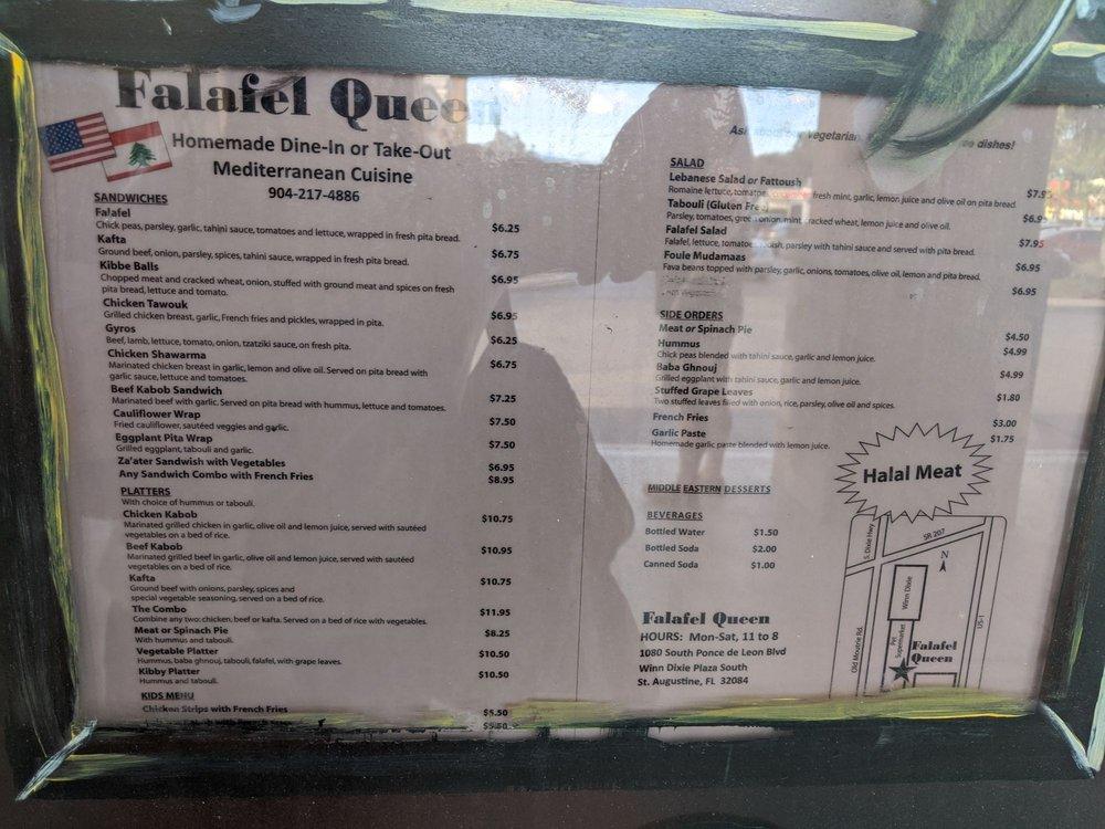 Menu at Falafel Queen restaurant, St. Augustine