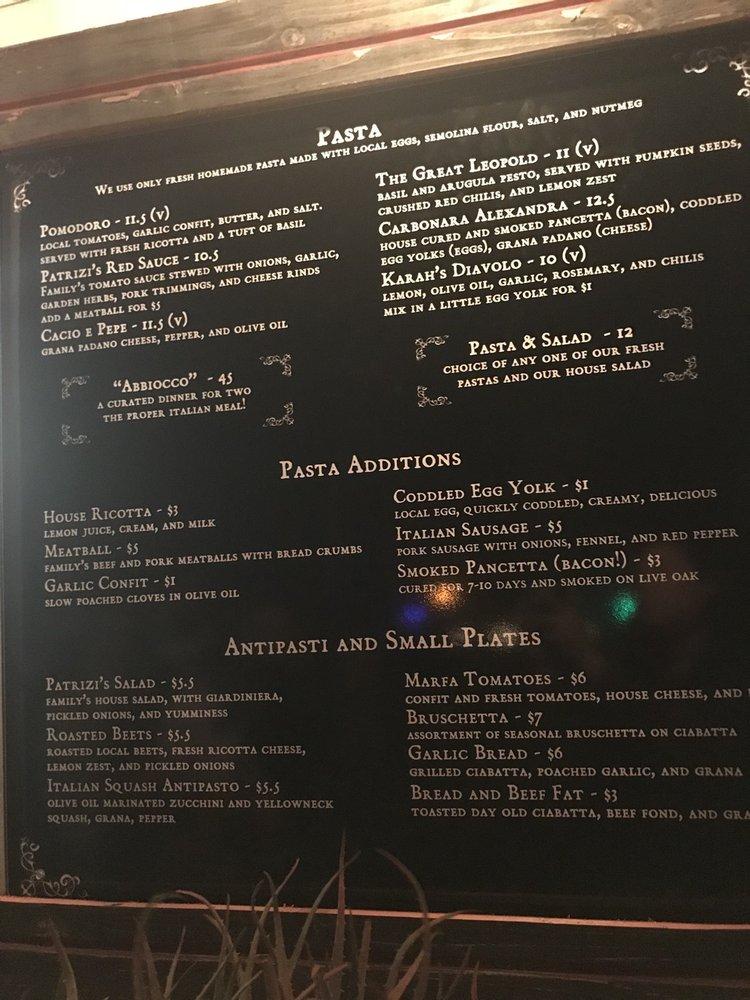 Menu at Patrizi's restaurant, Austin, Manor Rd