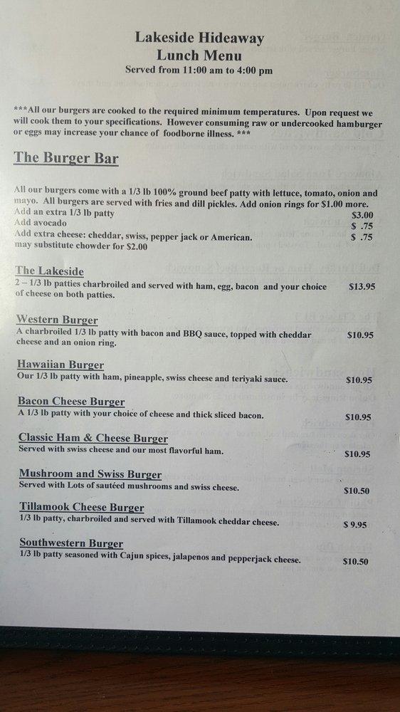 Menu at Lakeside Hideaway restaurant, Rockaway Beach