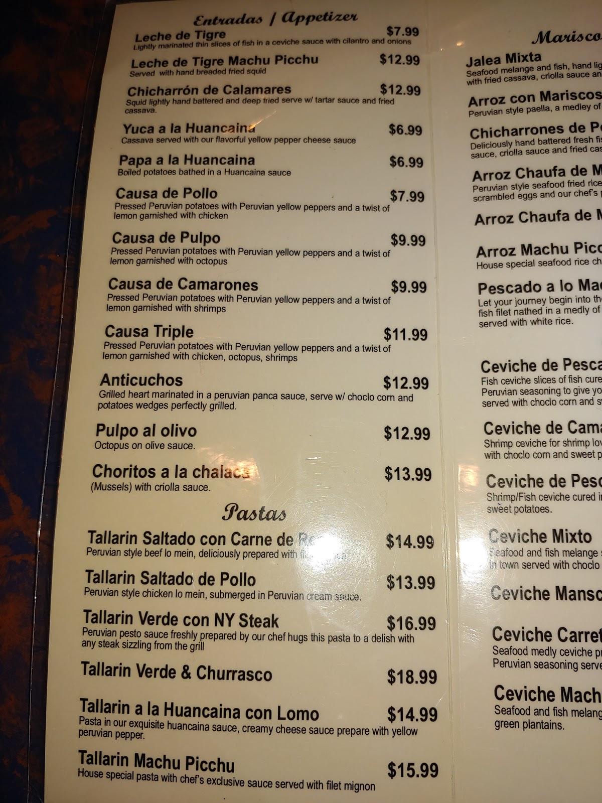 Menu at Machu Picchu Restaurant, Port St. Lucie