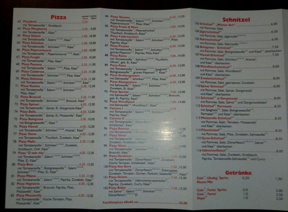 Menu au Orient Express Pizzeria, Großengottern