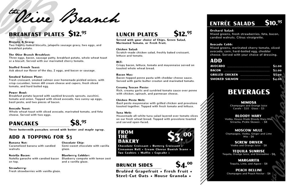 Menu at The Olive Branch cafe, Waco, 215 S 2nd St