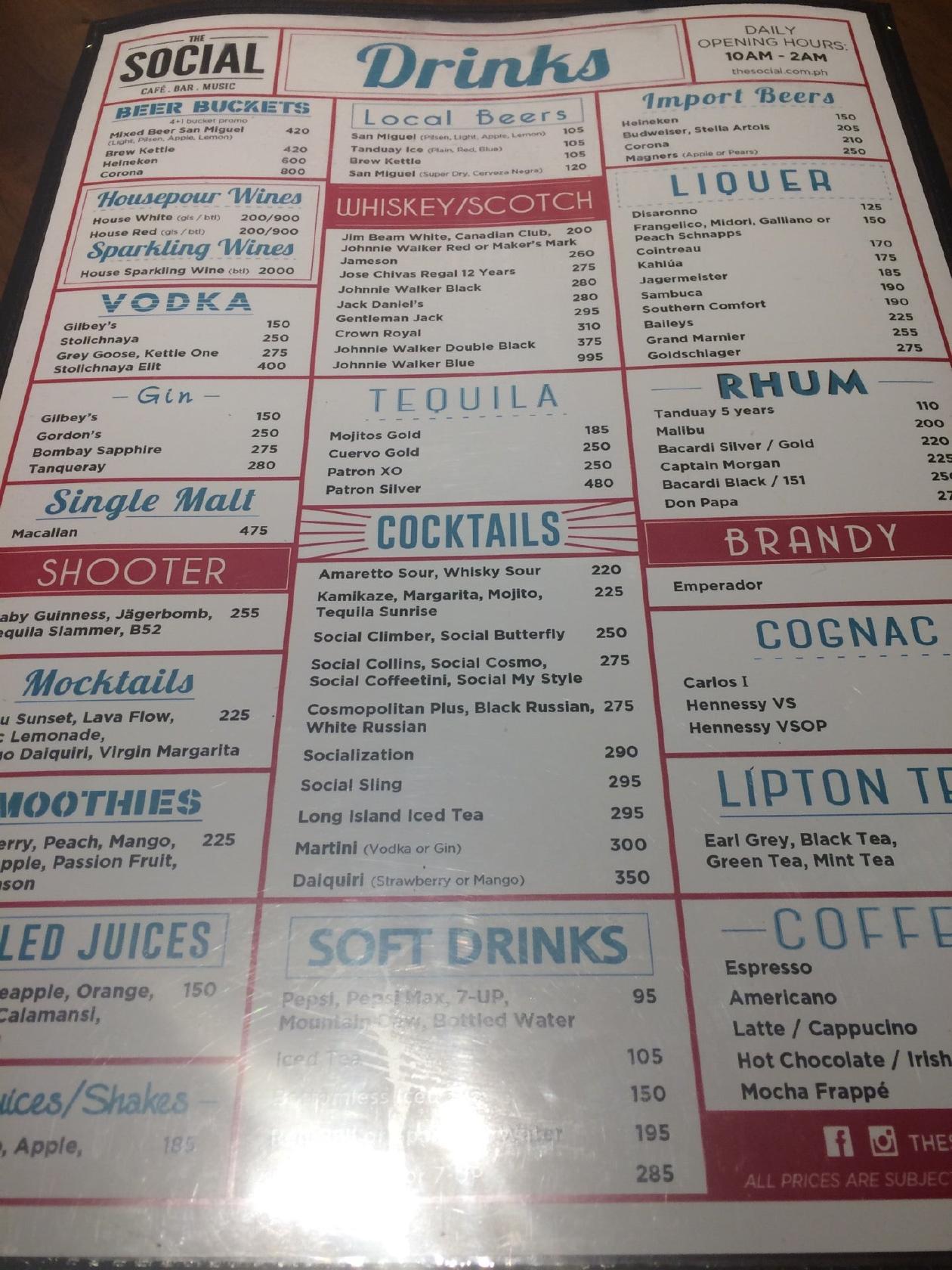 Menu at The Social pub & bar, Cebu City, Ayala Mall Cebu