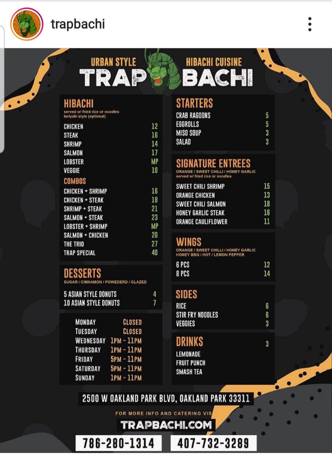 Menu at Trapbachi restaurant, Sunrise
