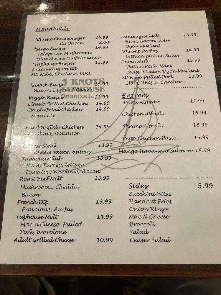 Menu at 3 Knots Taphouse pub & bar, Onancock