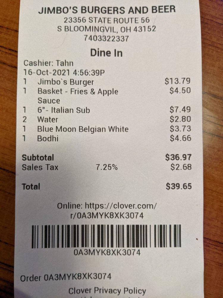 Menu at JimBo's Burgers and Beer pub & bar, South Bloomingville