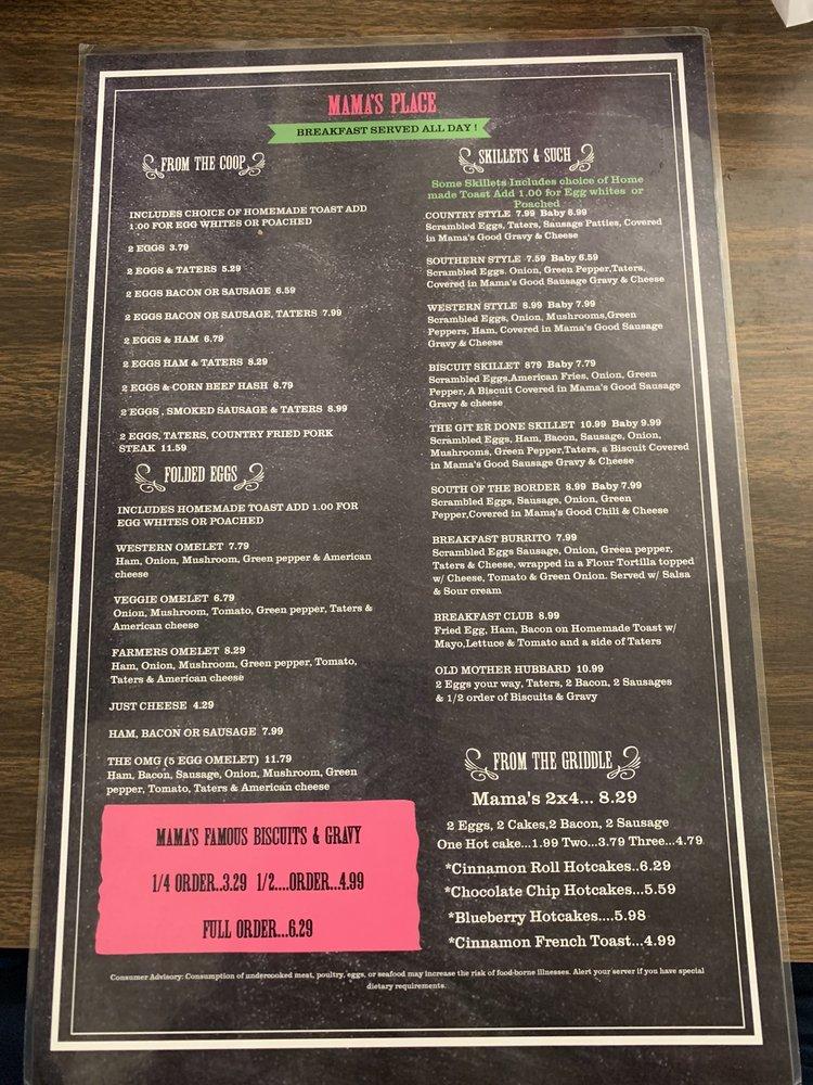 Menu at Mama's Place restaurant, Angola