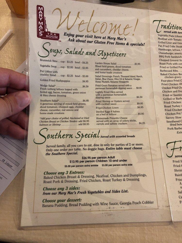 Menu at Mary Mac's Tea Room pub & bar, Atlanta
