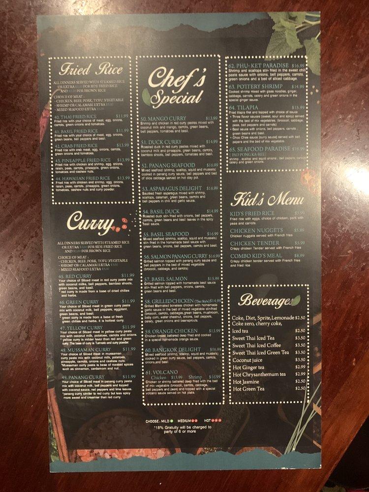 Menu at Thai Castle restaurant, Carmel