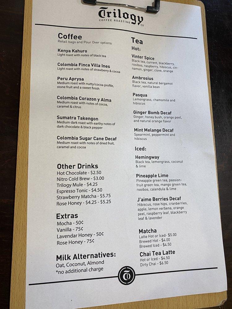 Menu at Trilogy Coffee Roasting Co cafe, DeLand