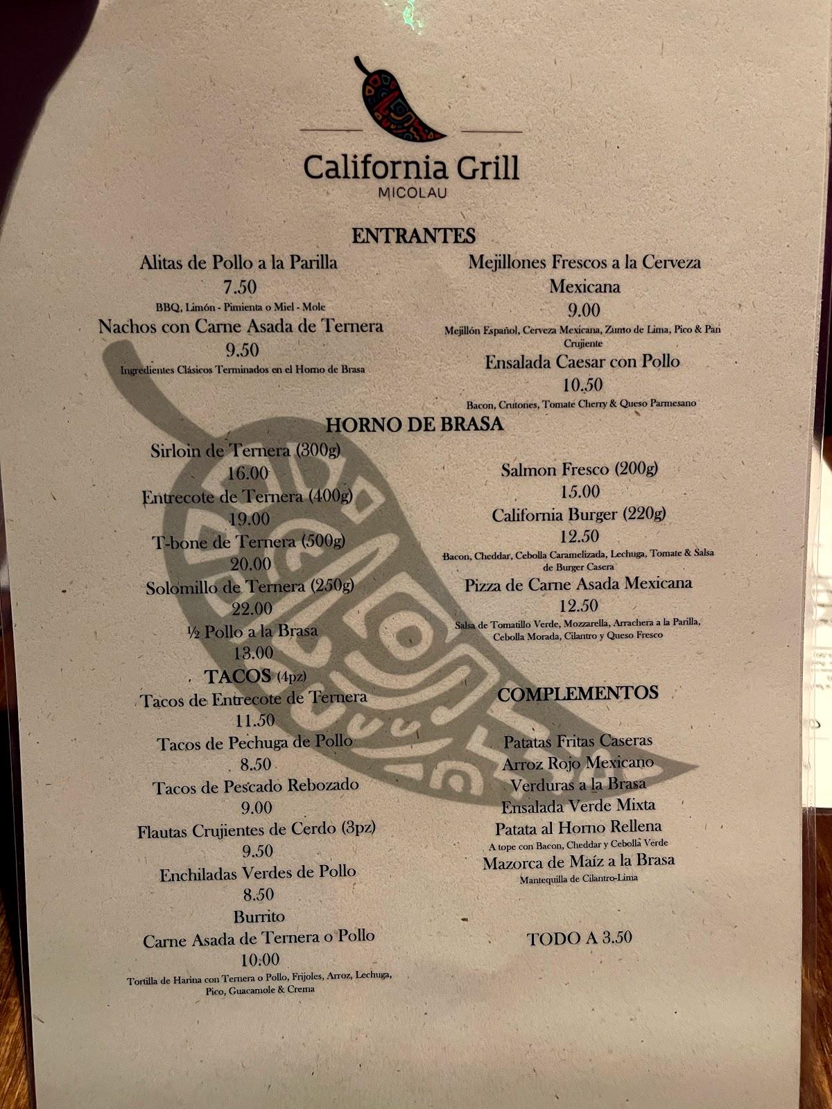 Menu at California Grill restaurant, Arinsal