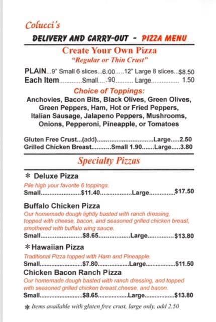Menu at Colucci's Pizza pizzeria, Jefferson