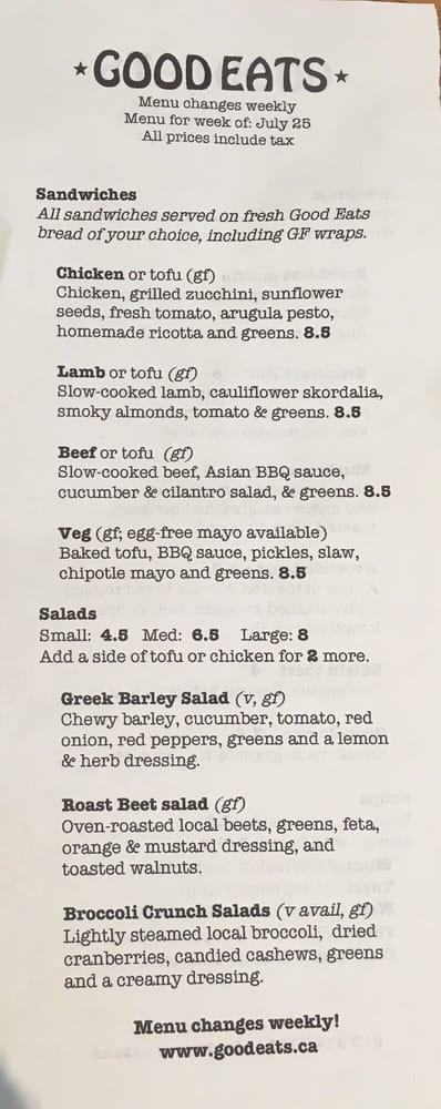 Menu at Good Eats Cafe, Ottawa