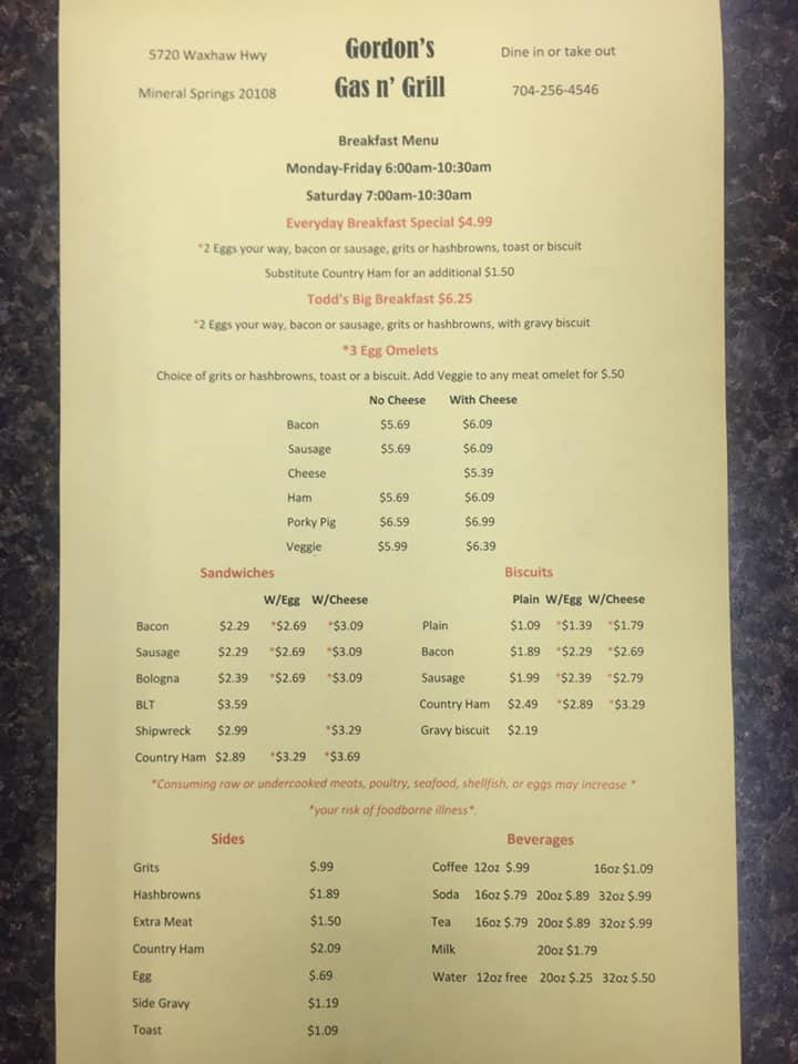 Menu at Gordons Gas n Grill restaurant, Wesley Chapel