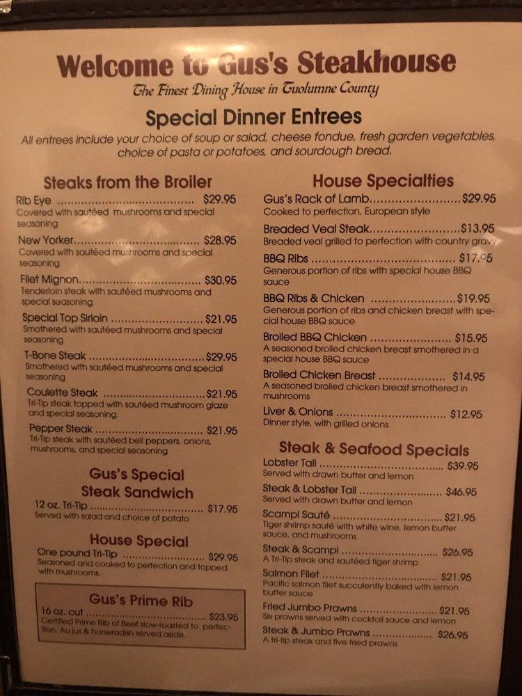 Menu at Gus's Steakhouse, Sonora