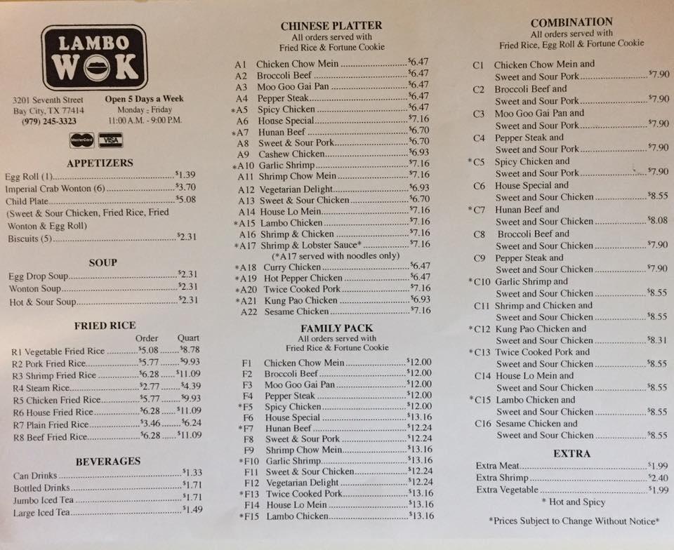Menu at Lambo Wok restaurant, Bay City
