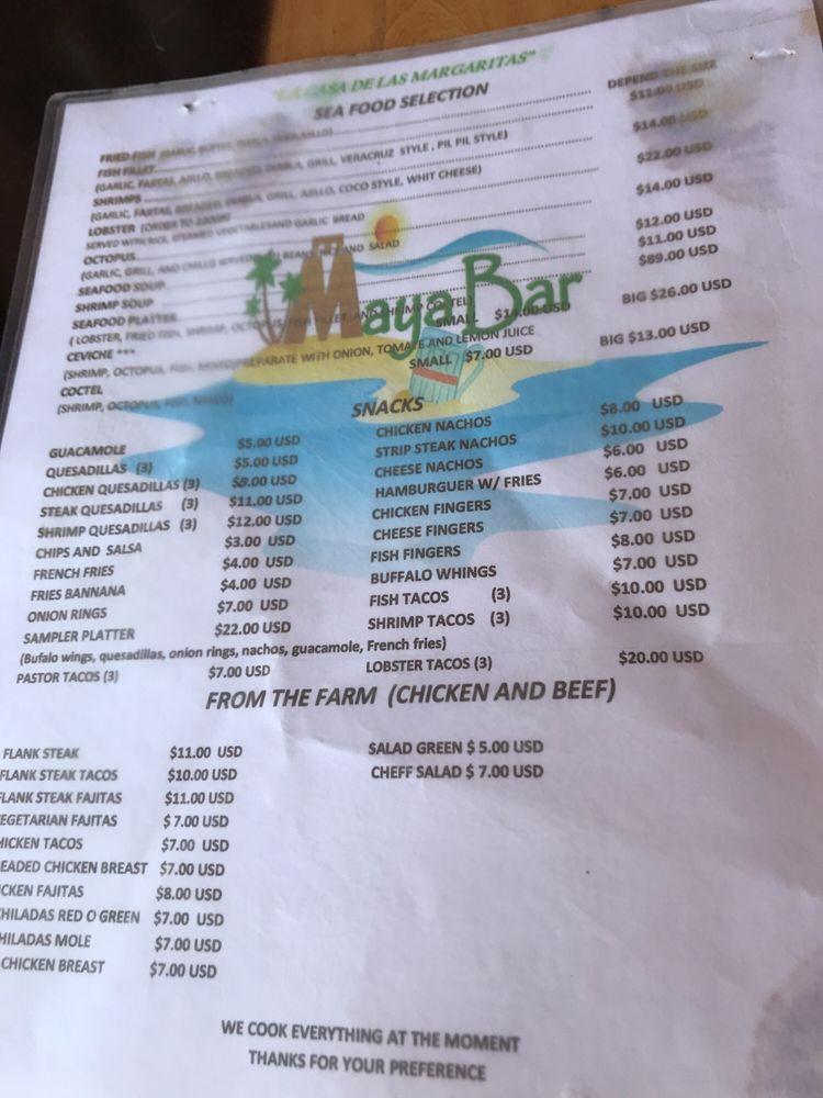 Menu at Maya Bar, Mahahual