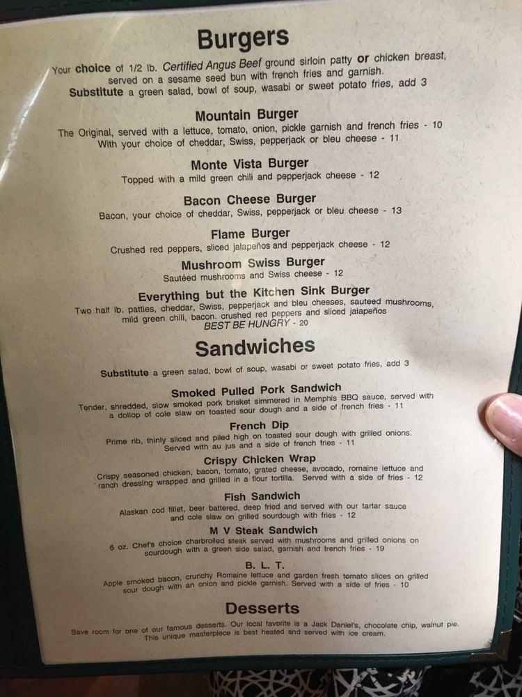 Menu at Monte Vista Inn steakhouse, Dutch Flat