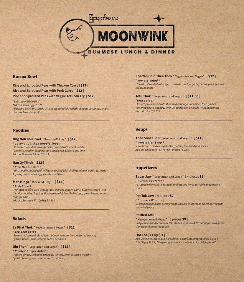 Menu at Moonwink restaurant, Manchester