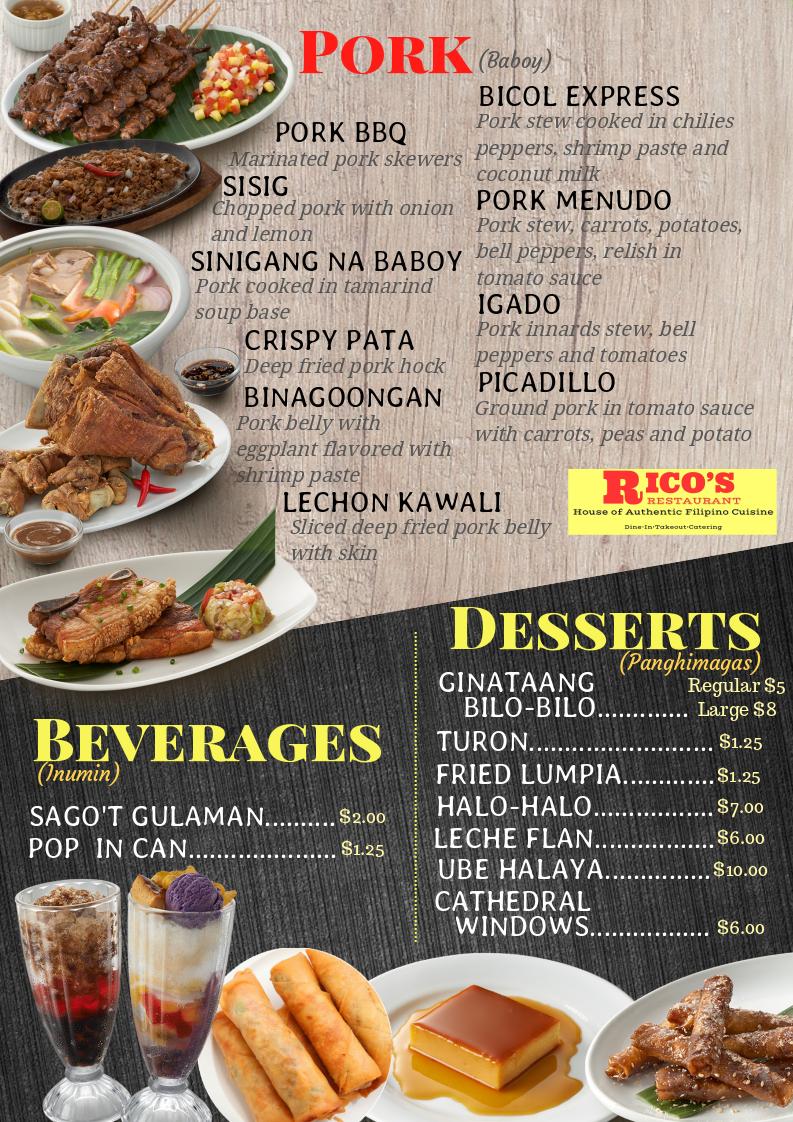 Menu at Rico's Restaurant, Hamilton