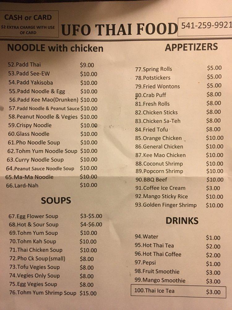 Menu at UFO Thai Food restaurant, Lebanon