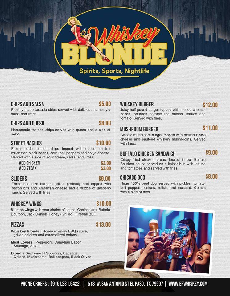 Menu at Whiskey Blonde pub & bar, El Paso