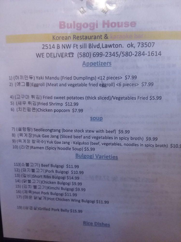 Menu at Bulgogi House restaurant, Lawton