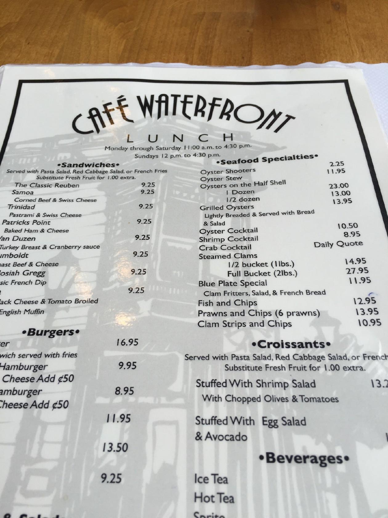 Menu at Café Waterfront pub & bar, Eureka, 102 F St