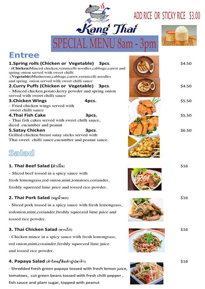 Menu at Kang Thai restaurant, Bendigo, 283 Lyttleton Terrace