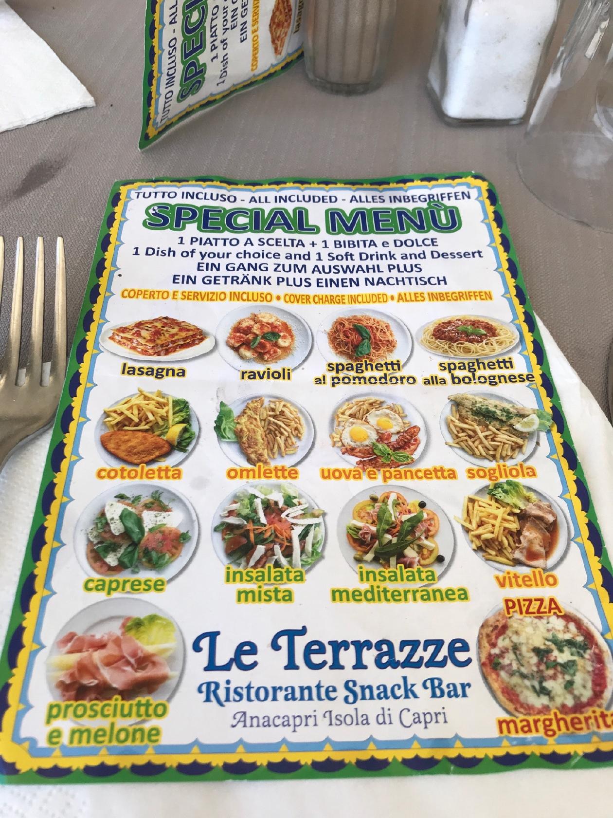 Menu at Le Terrazze restaurant, Anacapri