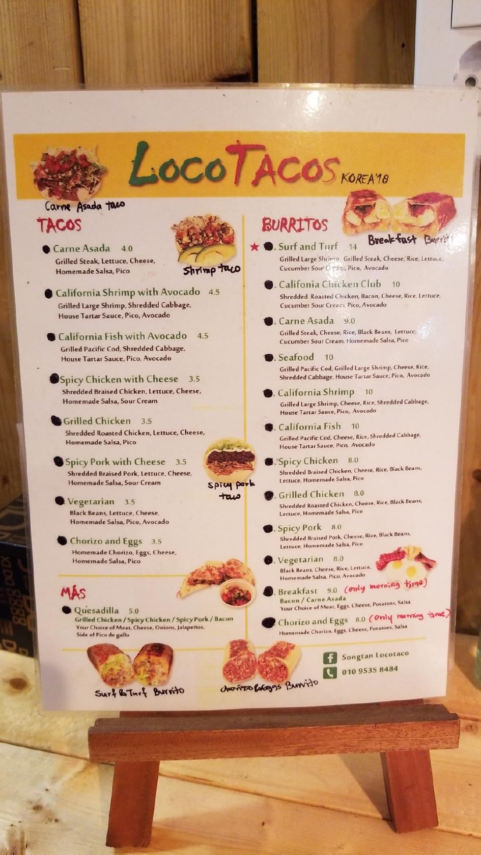 Carta del restaurante Loco Tacos, Cheonan
