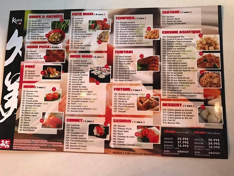 Menu au Sushi Kumi restaurant, Québec, 815 Bd Lebourgneuf