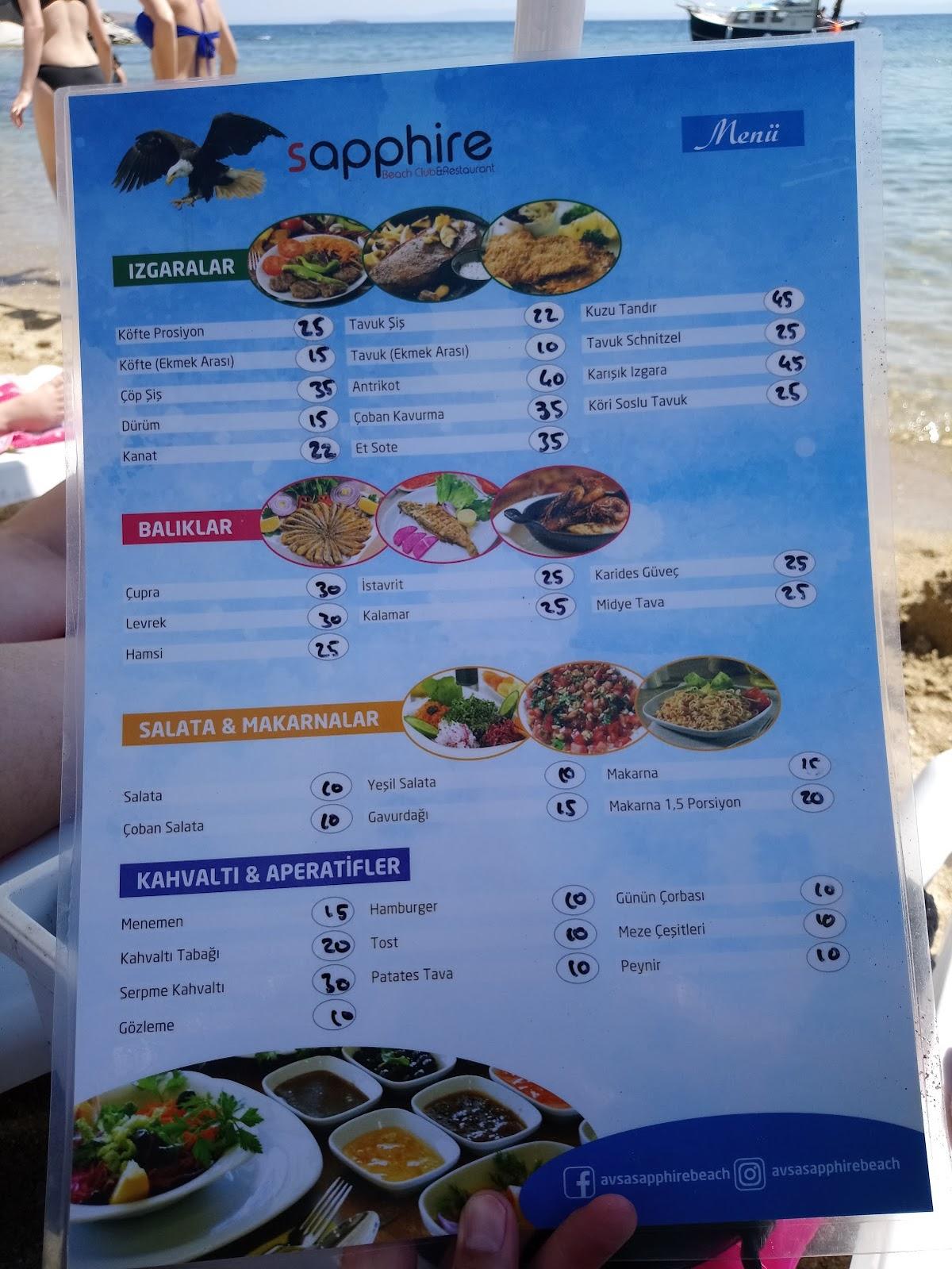 Menu at Sapphire Beach & restaurant, Avşa Belediyesi