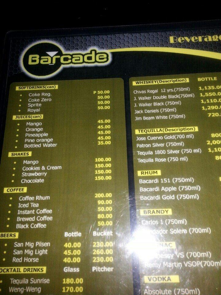 Menu at Barcade, Davao City