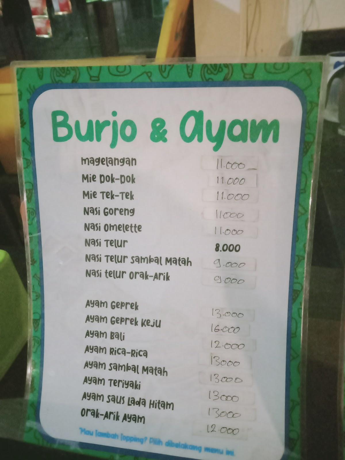 Menu at Burjo GM (Garden Milk) restaurant, Semarang