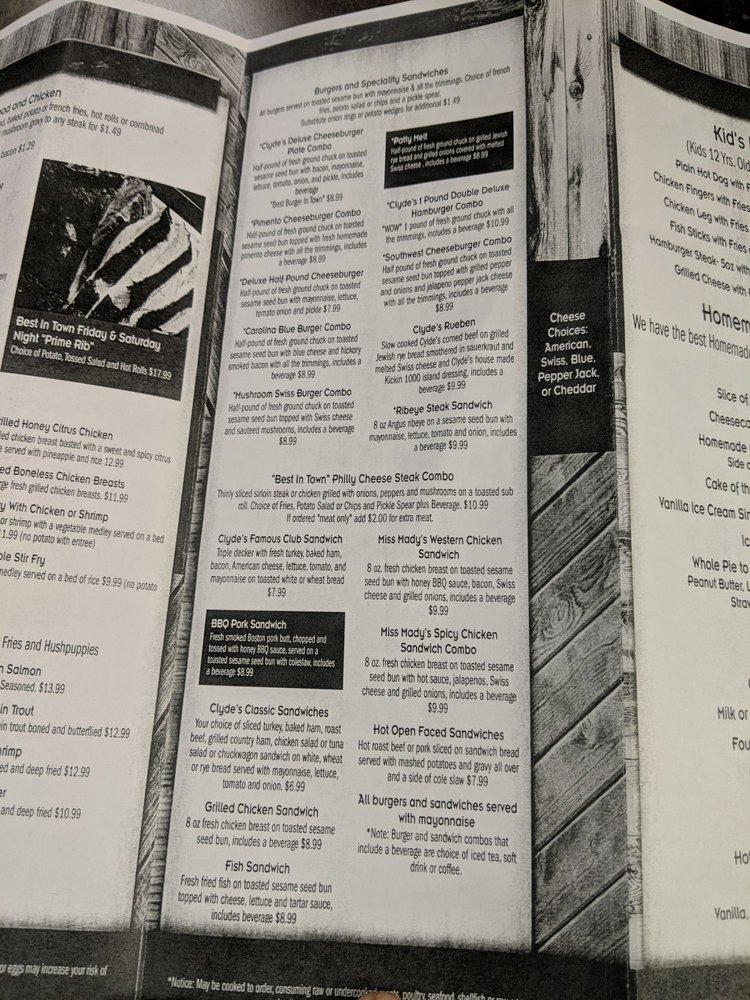 Menu at Clyde's Restaurant, Waynesville
