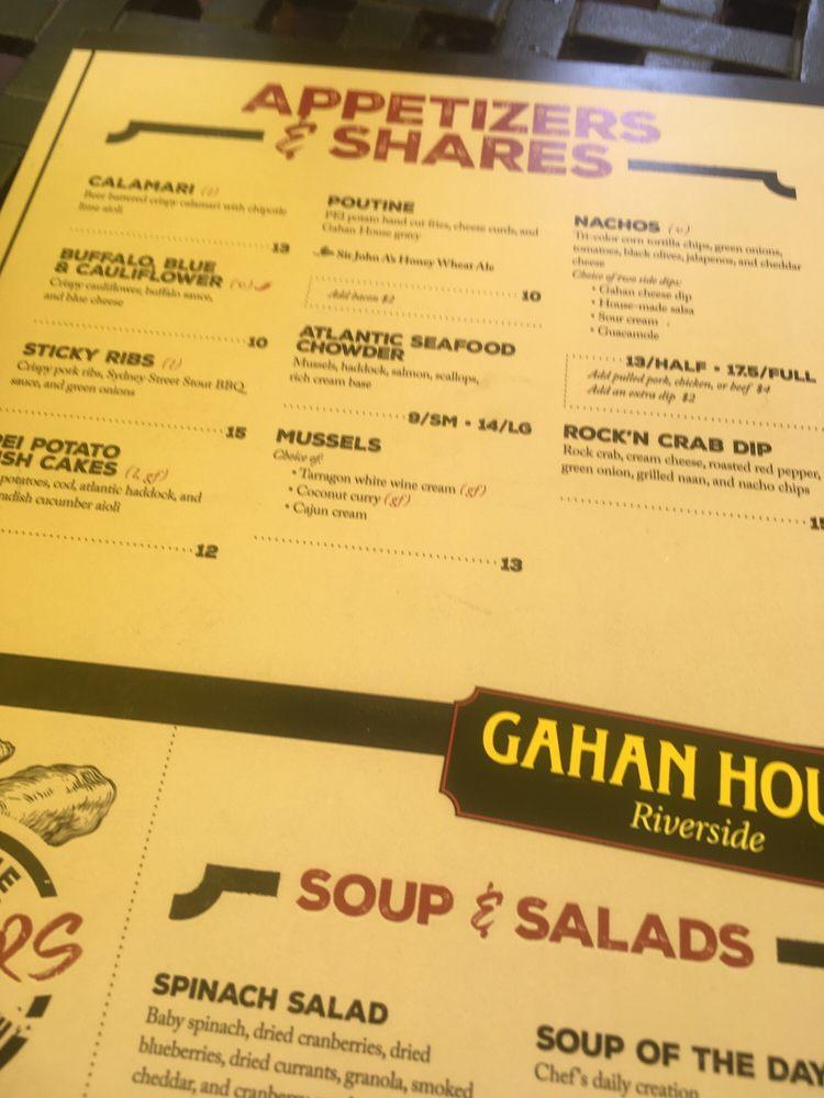 Menu at Gahan House Riverside pub & bar, Fredericton