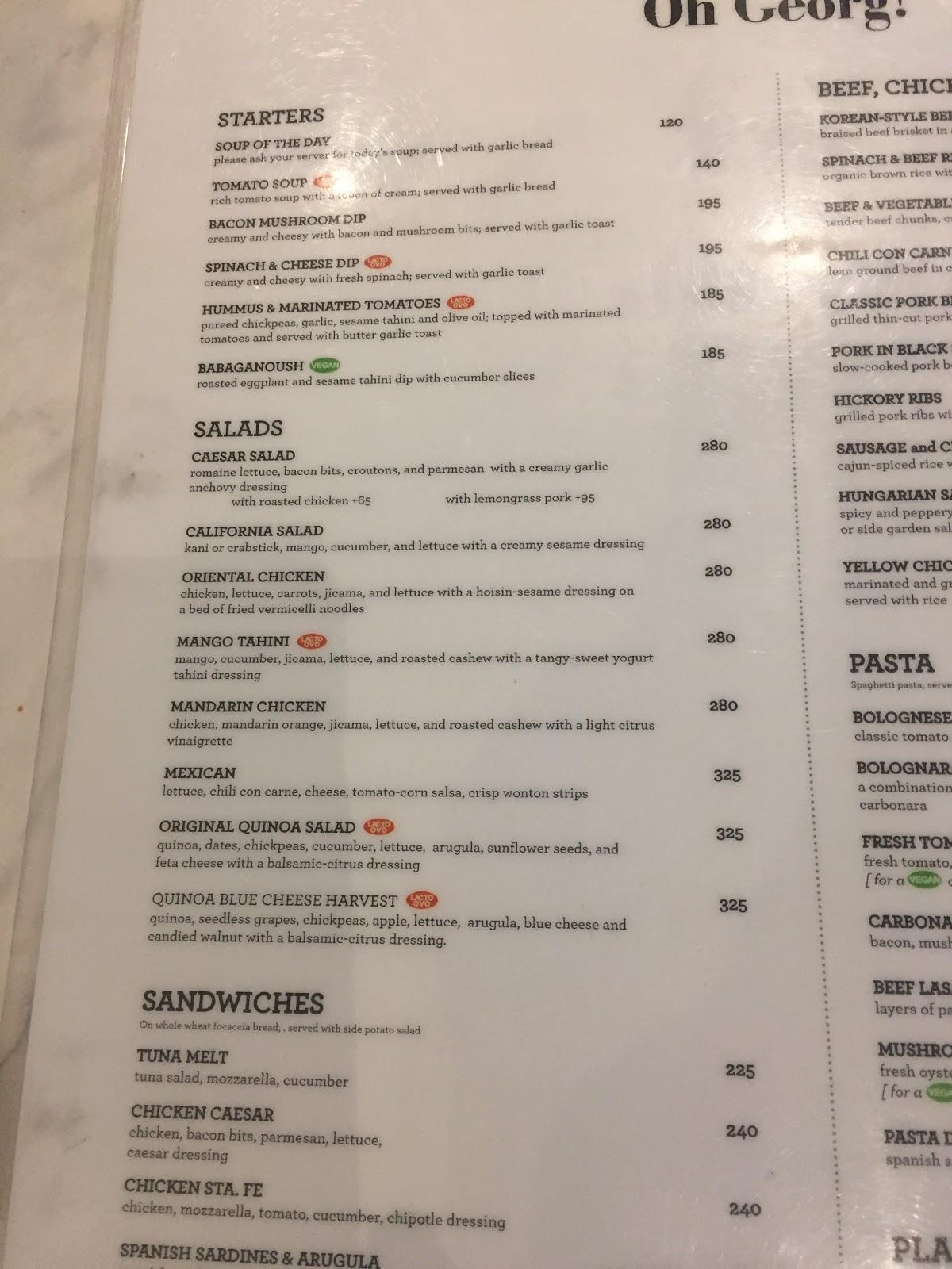 Menu at Oh Georg! cafe, Cebu City, ayala center cebu