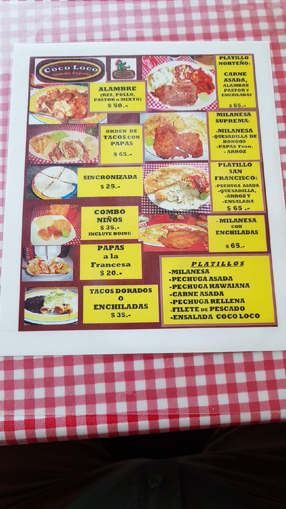 Menu at Restaurant "El Coco Loco", San Francisco Soyaniquilpan
