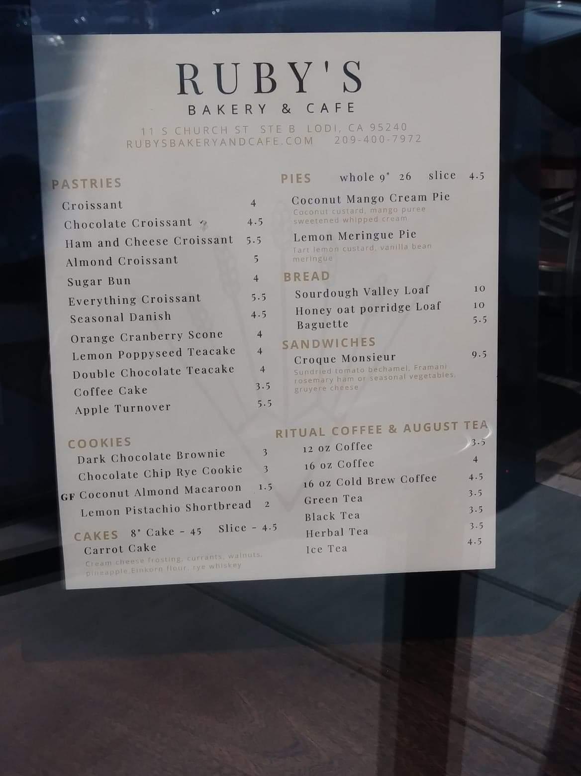 Menu at Ruby's Bakery and Cafe, Lodi