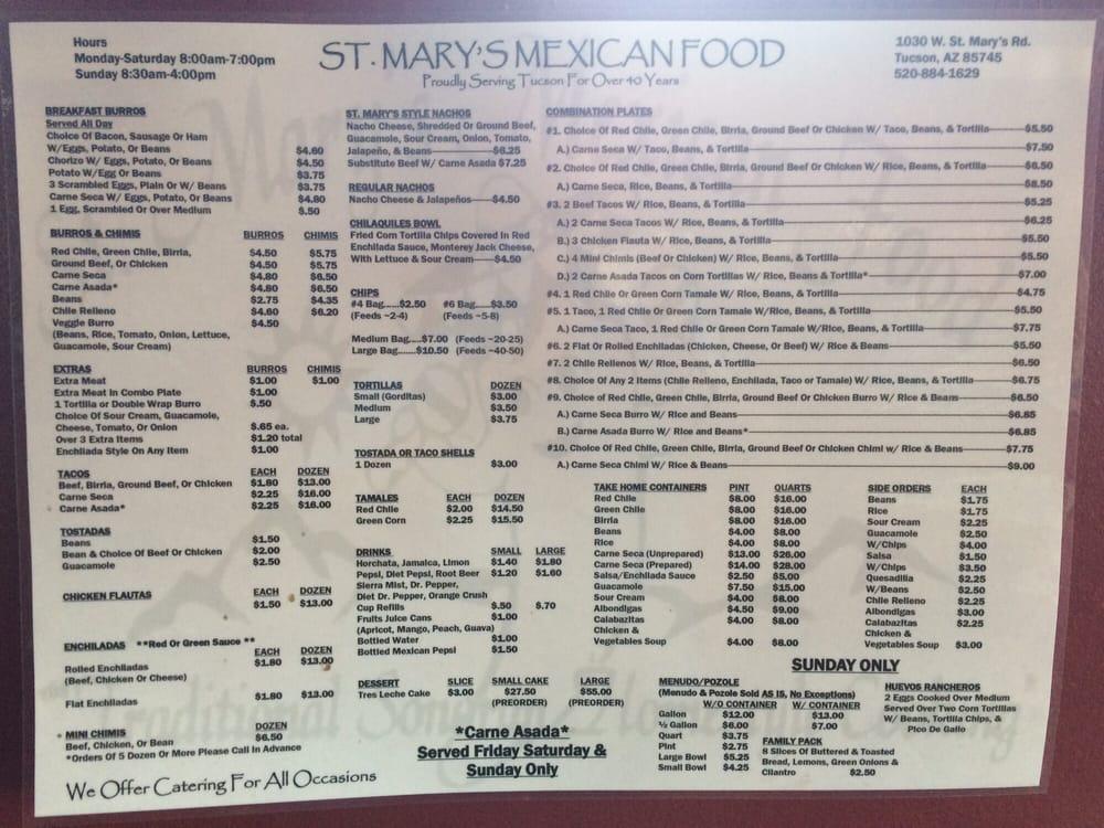 Menu at St. Mary's Mexican Food restaurant, Tucson