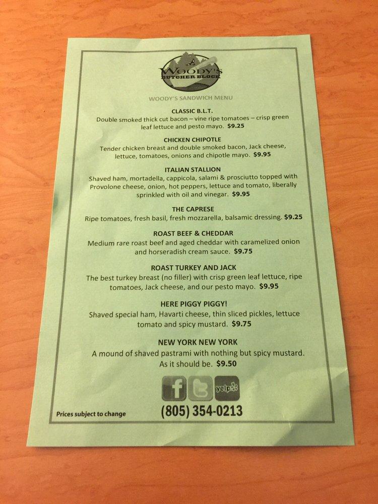 Menu at Woody's Butcher Block restaurant, Santa Maria